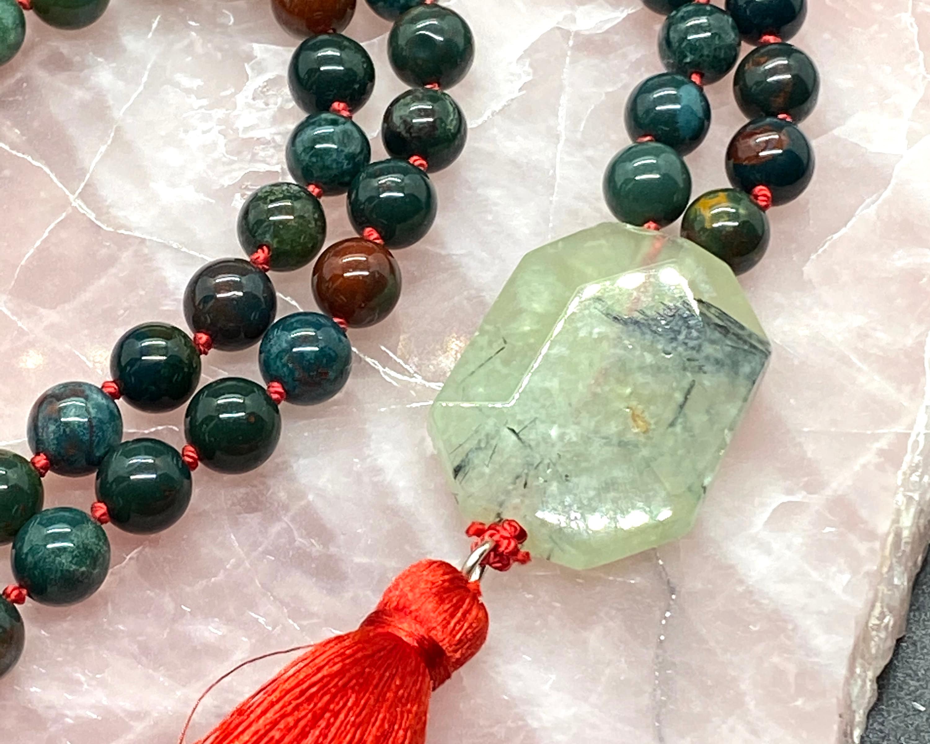 108 Mala Bloodstone Sponge Coral Prehnite Beads Necklace, Hand Knotted ...