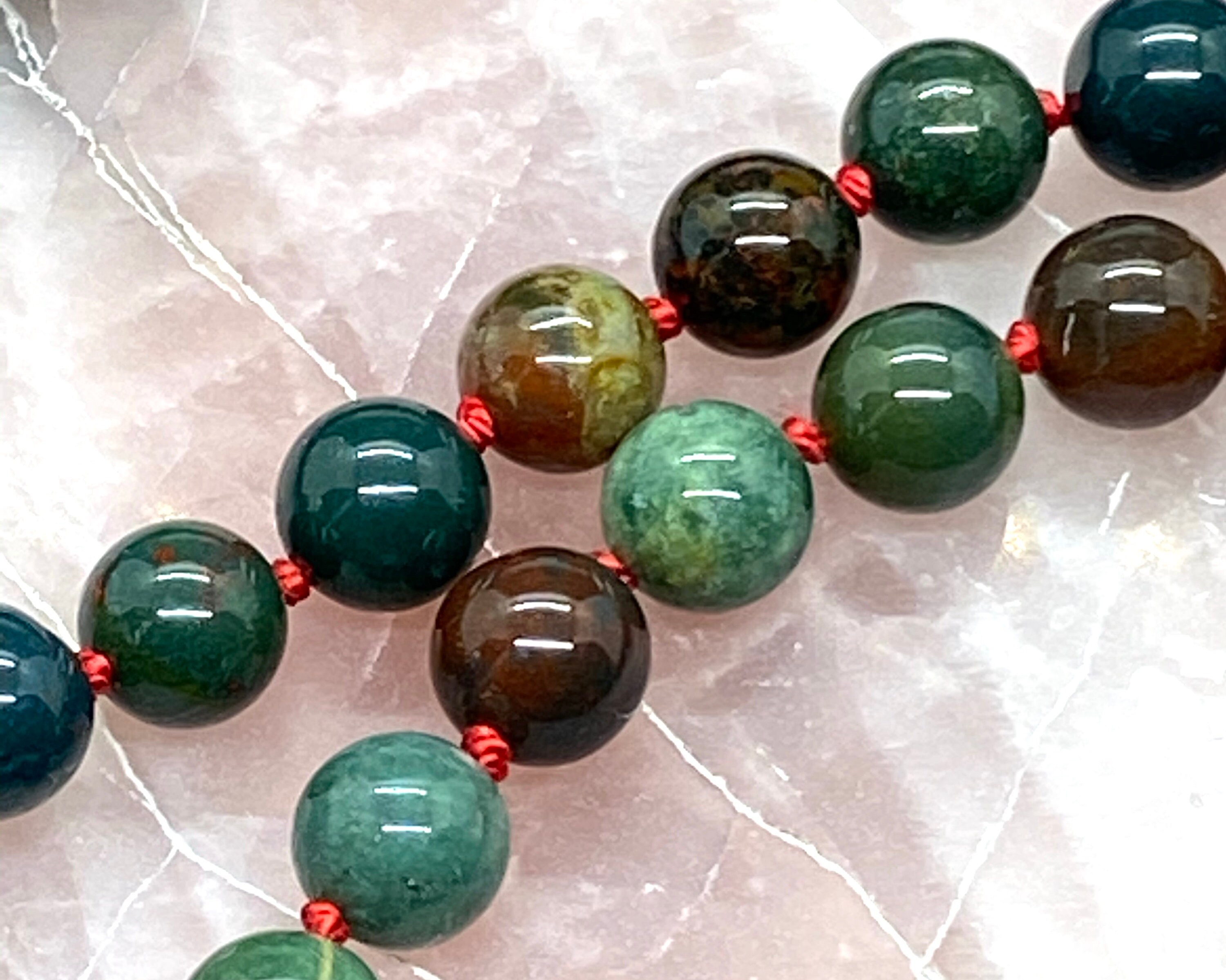 108 Mala Bloodstone Sponge Coral Prehnite Beads Necklace, Hand Knotted ...