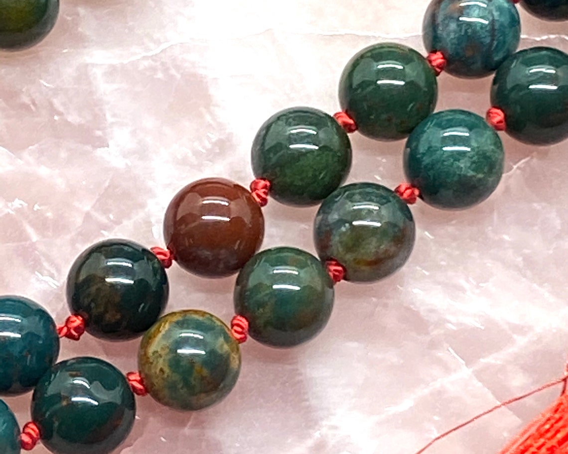 108 Mala Bloodstone Sponge Coral Prehnite Beads Necklace, Hand Knotted ...