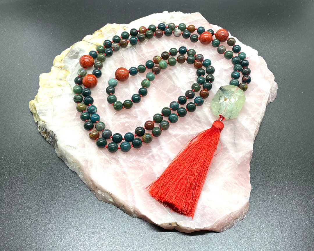108 Mala Bloodstone Sponge Coral Prehnite Beads Necklace, Hand Knotted ...