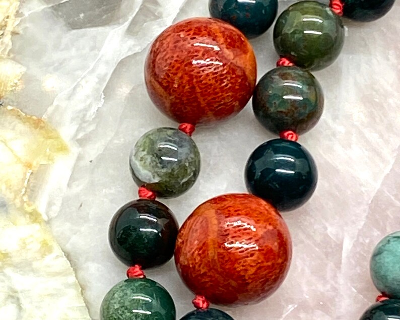 108 Mala Bloodstone Sponge Coral Prehnite Beads Necklace, Hand Knotted ...
