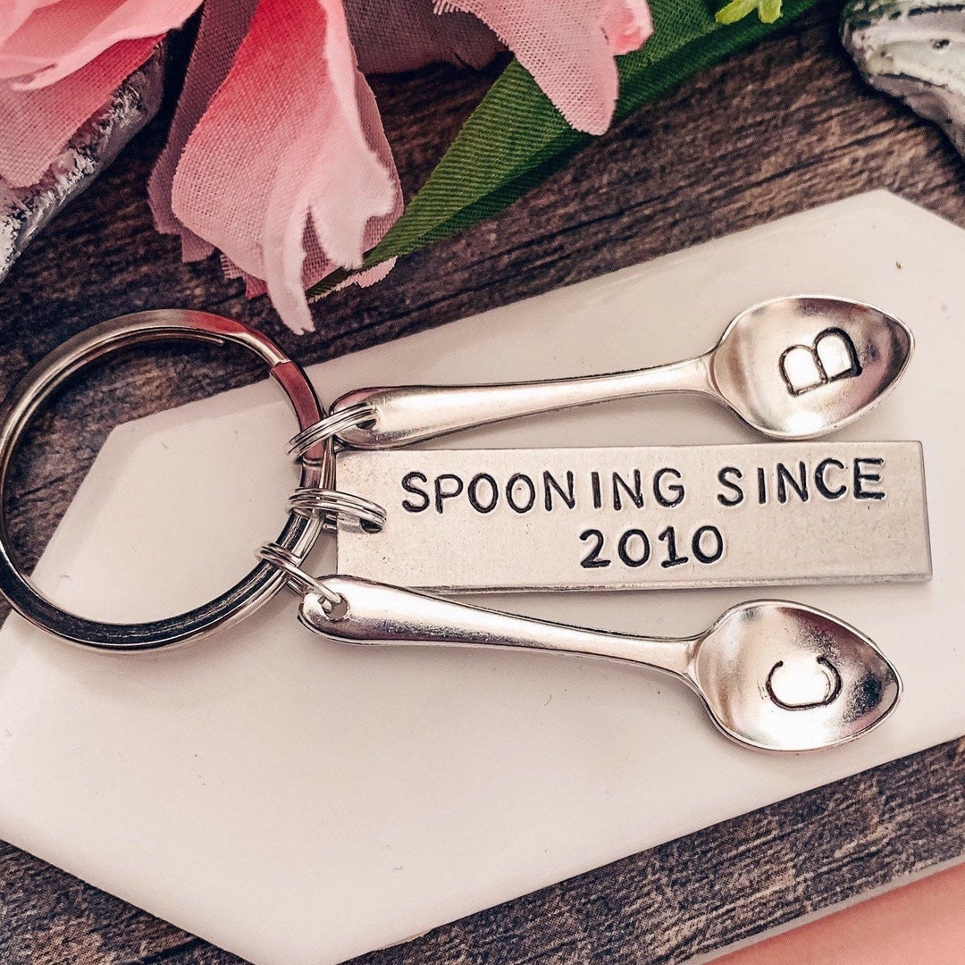 PERSONALIZED COUPLES Keychain, Spooning Since, Handstamped, Anniversary ...
