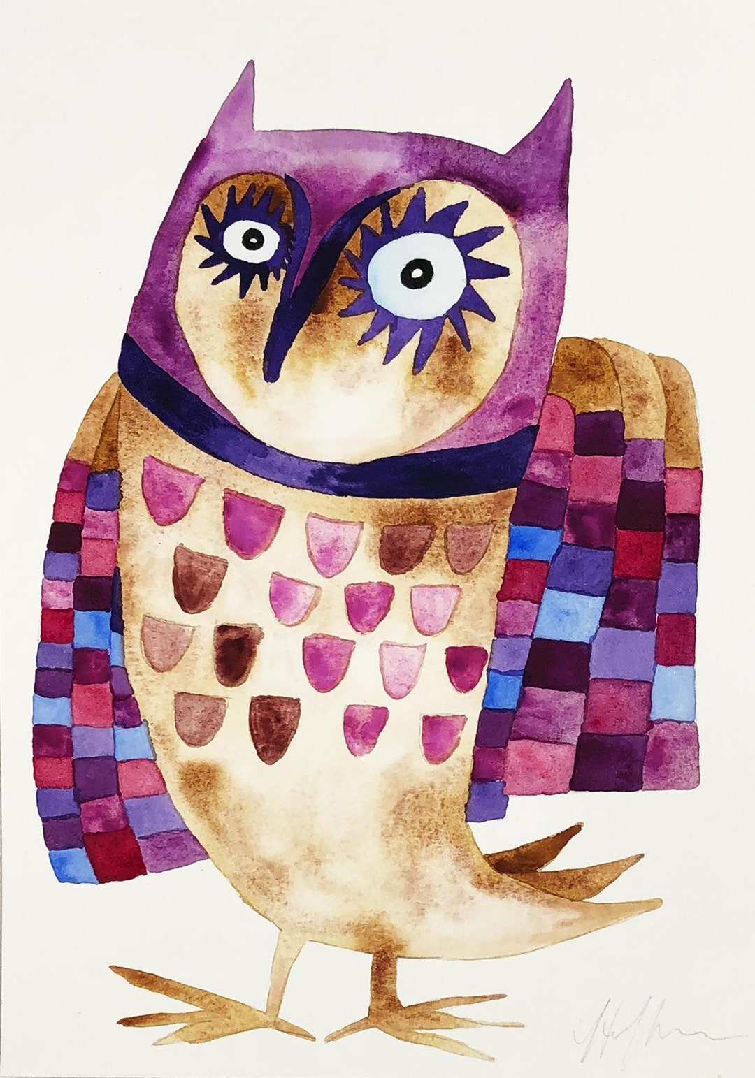 Funky Owl Art Whimsical, Original Watercolor Bird Painting. Nursery ...