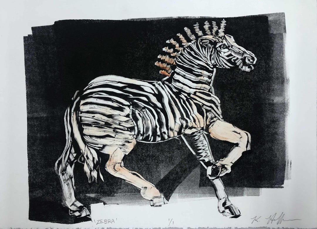 Original Monotype, Zebra. Whimsical Animal Art Monoprint. One of a Kind ...