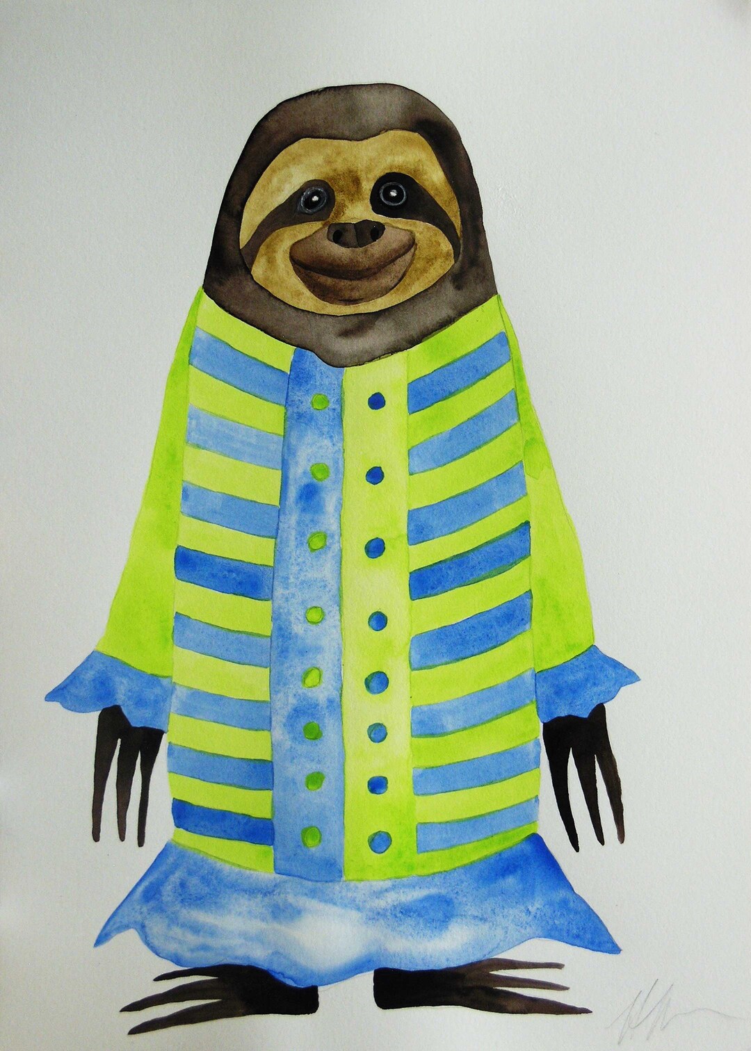 14” X 10” Original Watercolor Painting. Sloth in Bright Blue & Green ...