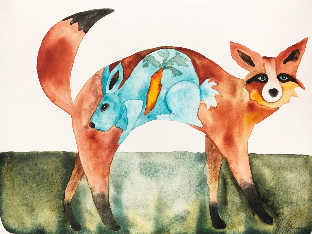 Whimsical Animal Art, Fox, Rabbit, & Carrot Painting, Surreal Wall Art ...