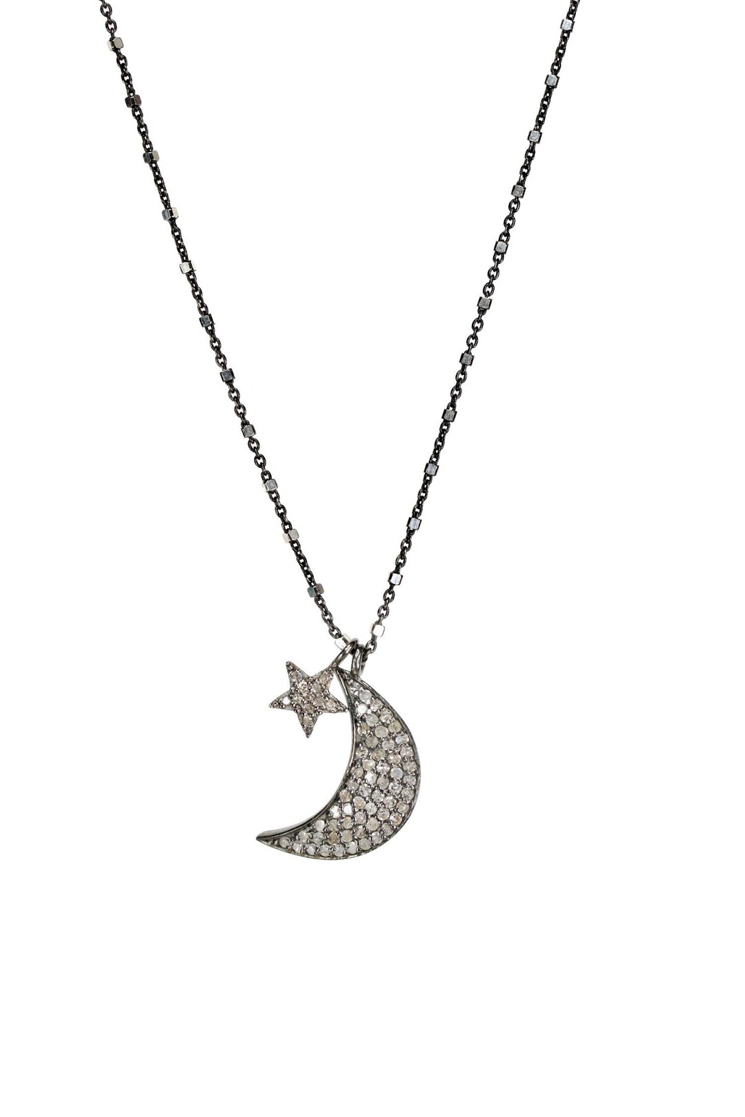 Genuine Pave Diamond Moon and Star Necklace* .925 Sterling Silver ...
