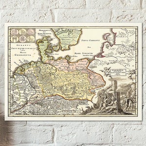 Antique Germania - Old German Map With a Pictorial Engraving Showing ...