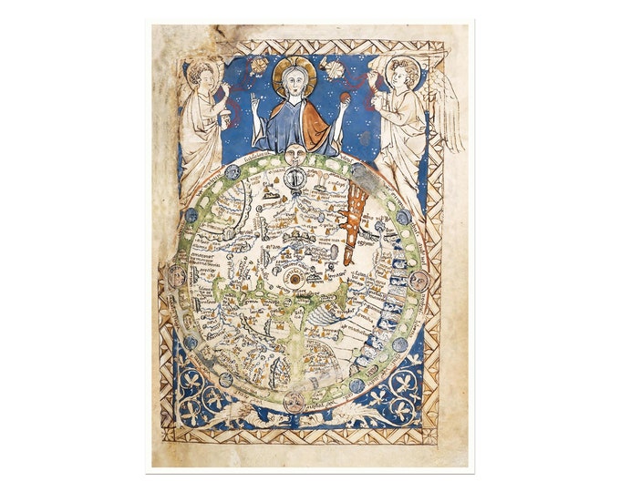 Medieval World Map Psalter Map With a Blessing Christ, Two Angles and ...