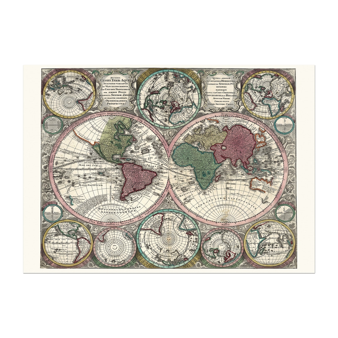 Seutter's Atlas Novus Double Hemisphere World Map - Old Antique Map of ...
