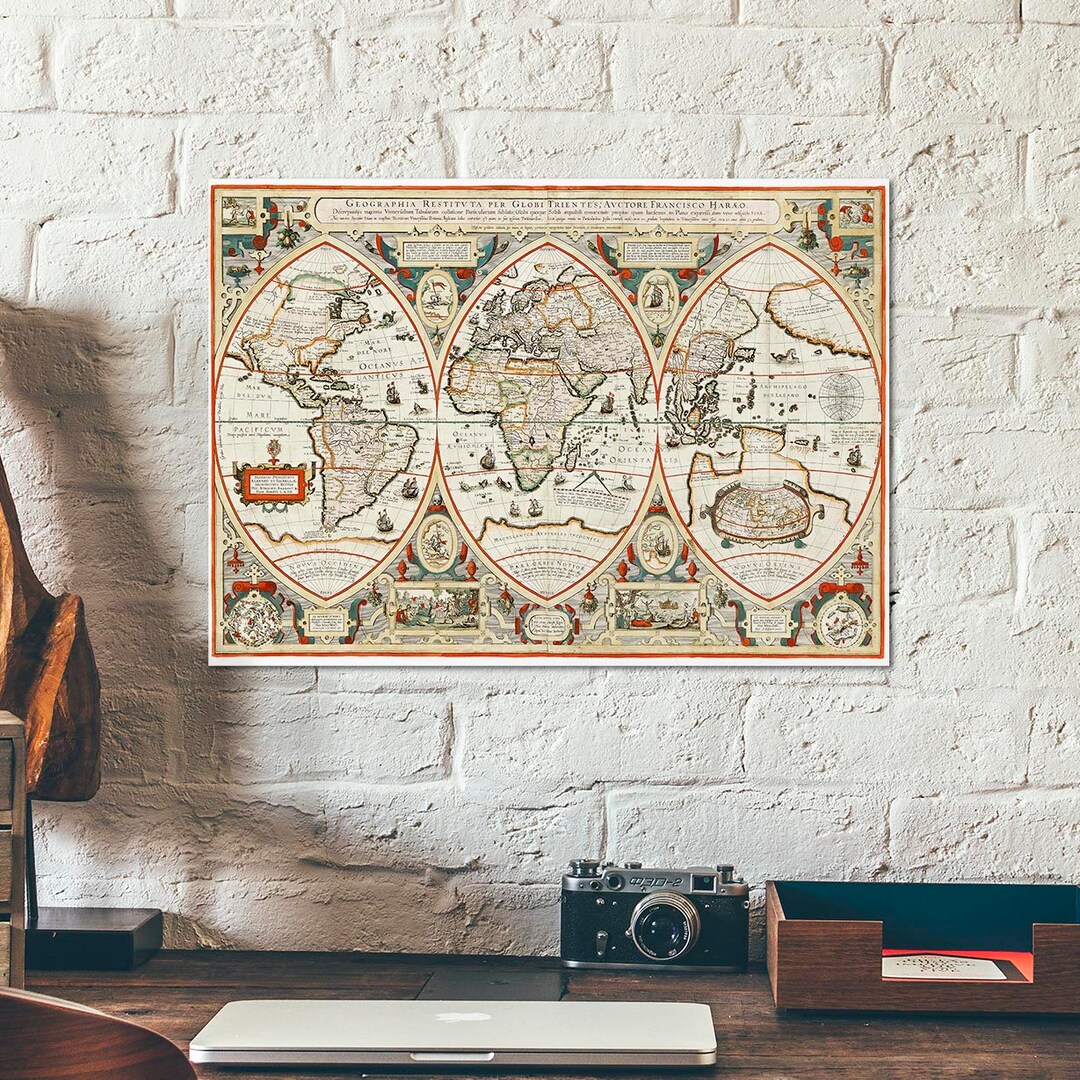 Antique World Map From 1618 in Triptych Style, Org. by Franciscus ...