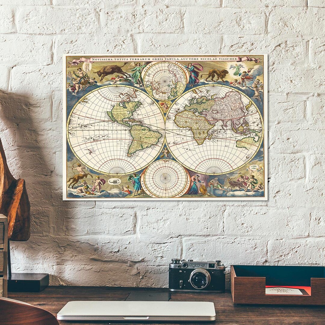 Old Hand Colored Double Hemisphere Map of the World, With Insets of ...