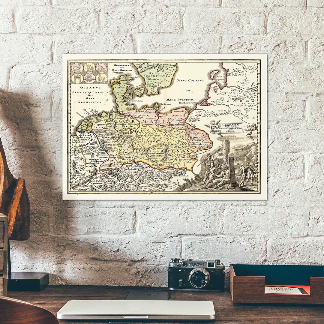 Antique Germania - Old German Map With a Pictorial Engraving Showing ...