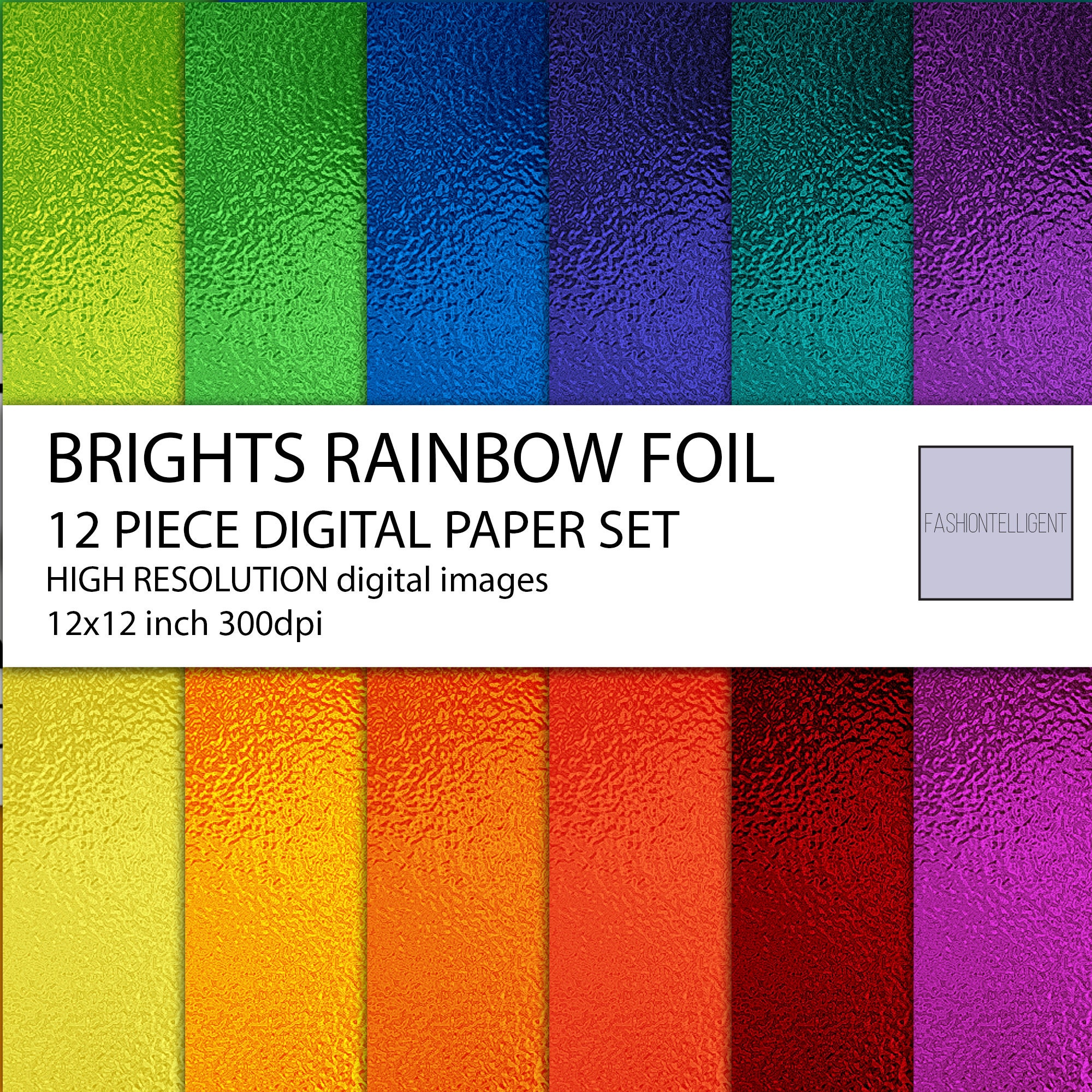 Bright Foils Set, 12 Piece Digital Paper Set High Resolution Rainbow ...