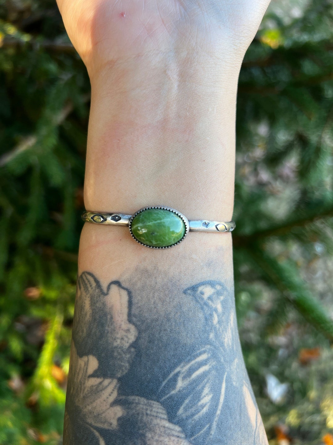 Green Jade Sterling Silver Stacker Cuff Native American Hamdmade - Etsy