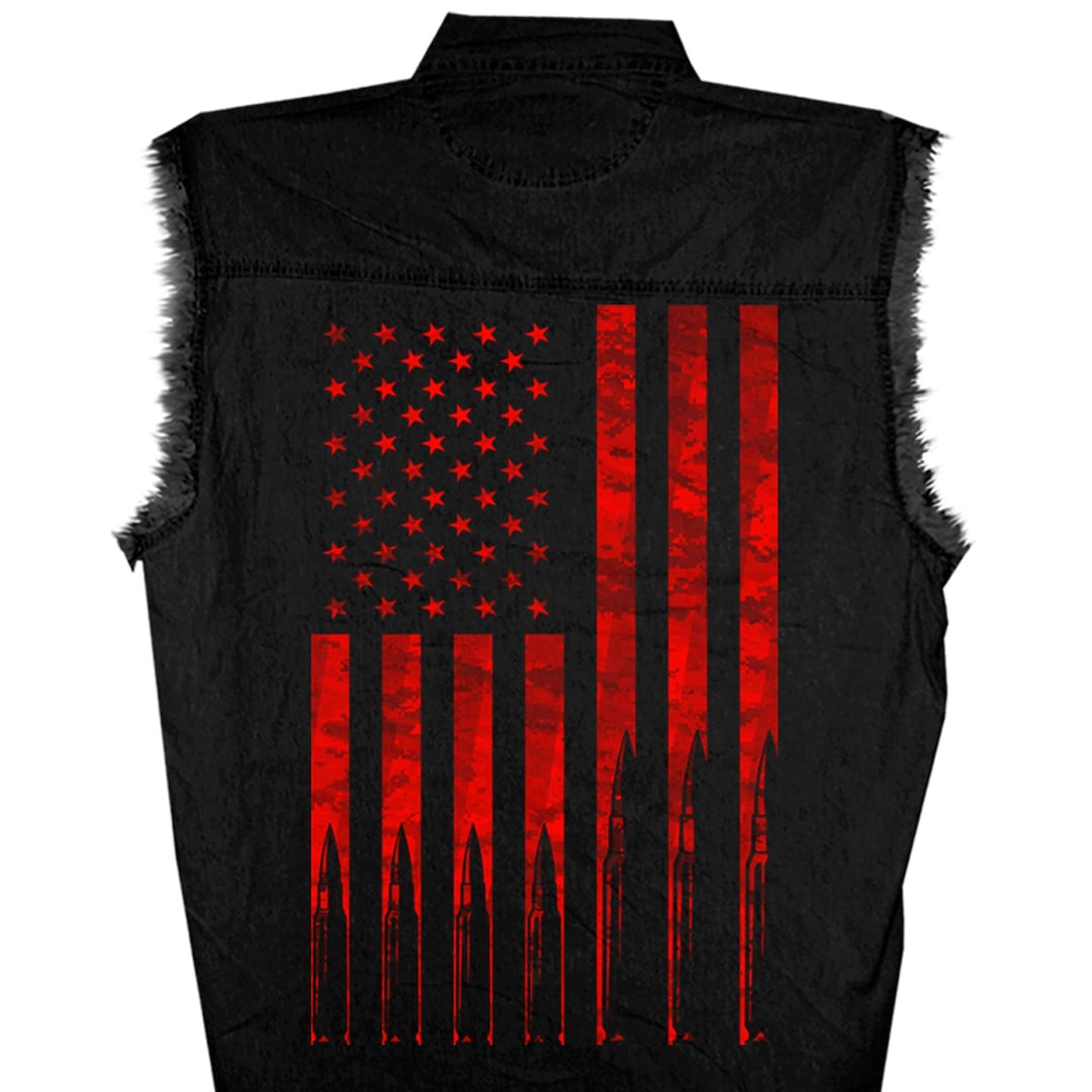 Men's Red Flag Bullets Sleeveless Biker Black Denim Cut off Shirt ...