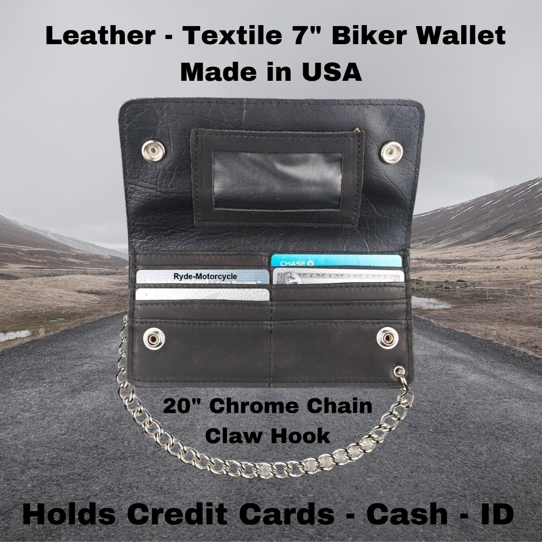 7 Leather Bifold Biker Trucker Chain Wallet 8 Card Slots ID Window ...