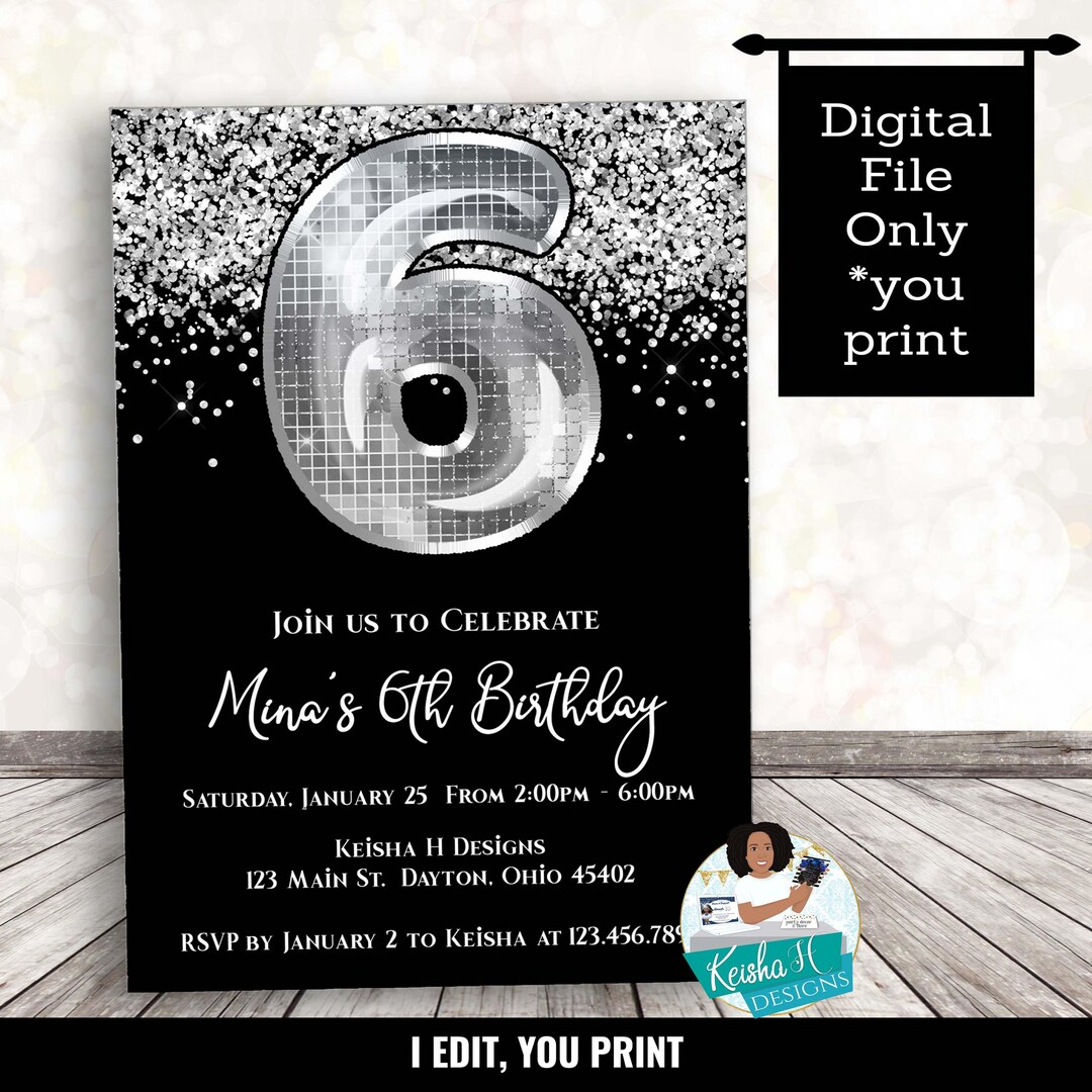 Silver Disco Birthday Party Invitation, Silver Glitter Confetti Invite ...