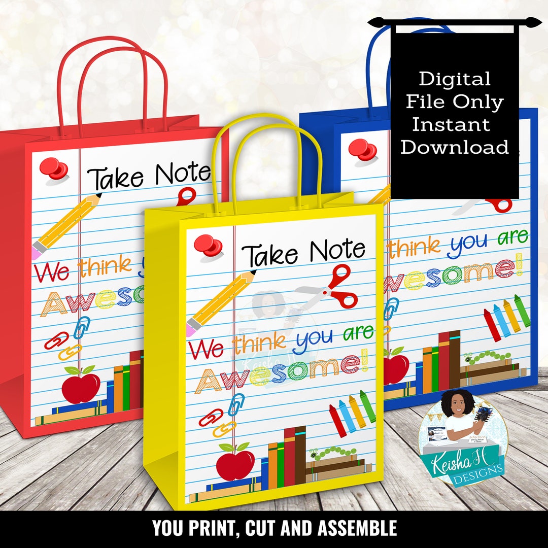 Take Note Back to School Gift Bag Label, Teacher PTO PTA Favor Bag ...