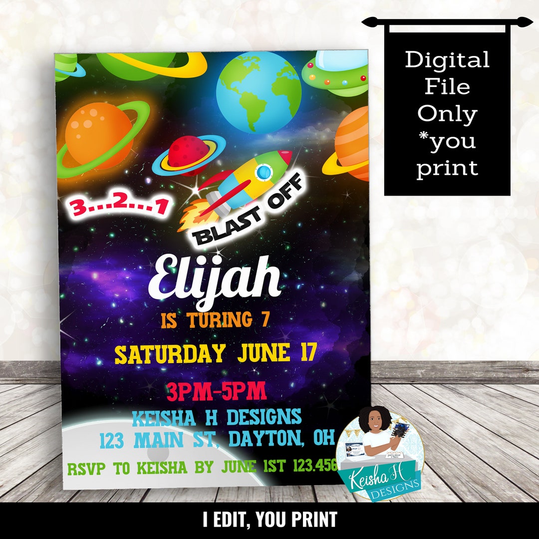 Blast off Space Planet Birthday Party Invitation, Alien Spaceship ...