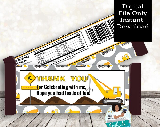 Construction Happy Birthday Thank You Candy Wrapper Label, Construction ...