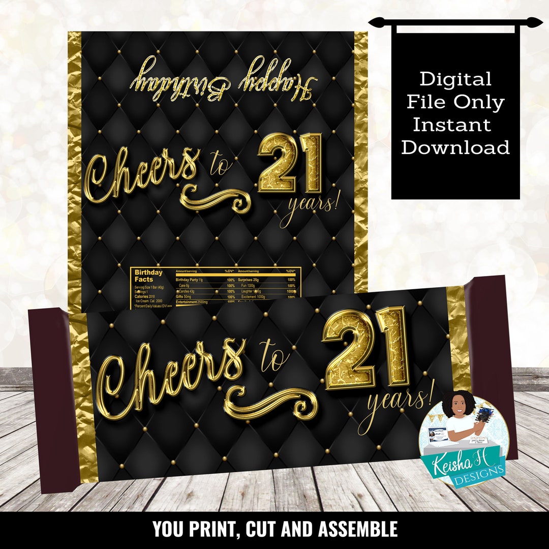 Cheers to 21 Full Size Chocolate Candy Wrapper, Birthday Party Favor ...