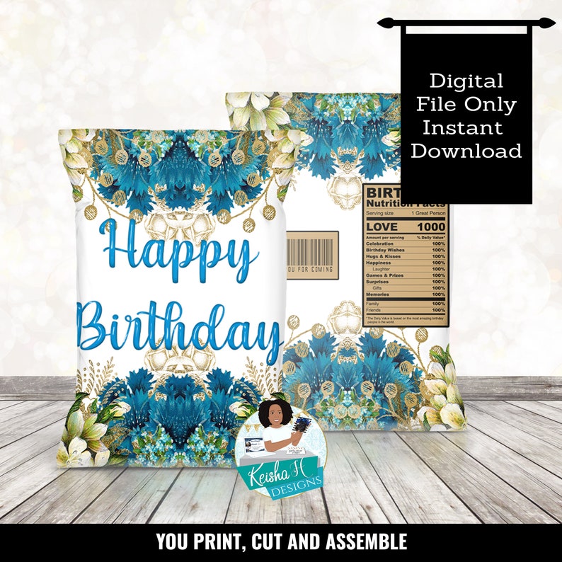 Blue Flowers Floral Birthday Chip Bag Printable, Flowers Gold Leaf ...