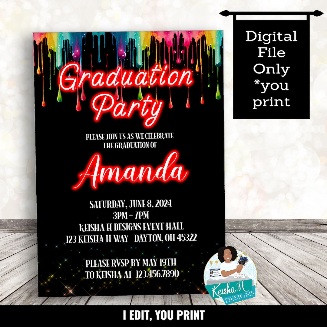 Rainbow on Black Drip Graduation Announcement Party Invitation, High ...