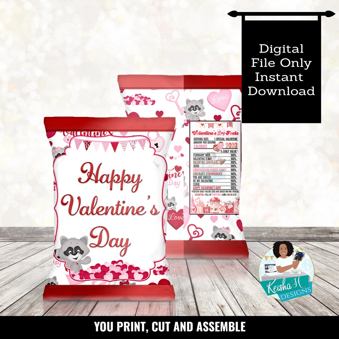 Raccoon Valentine Favor Chip Bag School Valentine, Kid Goody Bag Animal ...