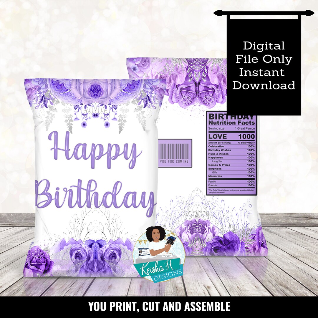 Lavender and Silver Flowers Floral Birthday Chip Bag Printable, Flowers ...