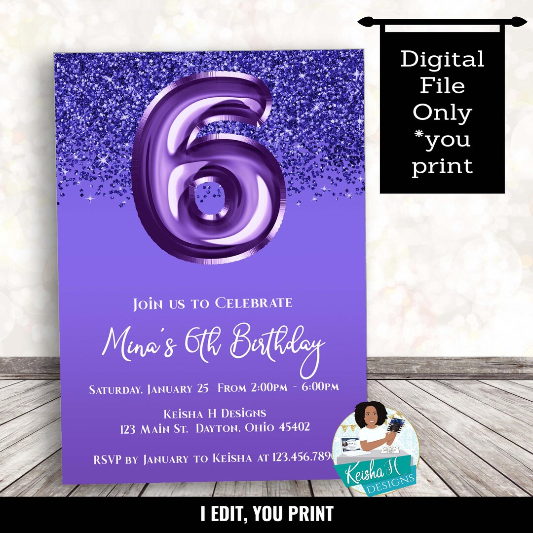 Shades of Purple Themed Birthday Party Invitation, Purple Glitter ...