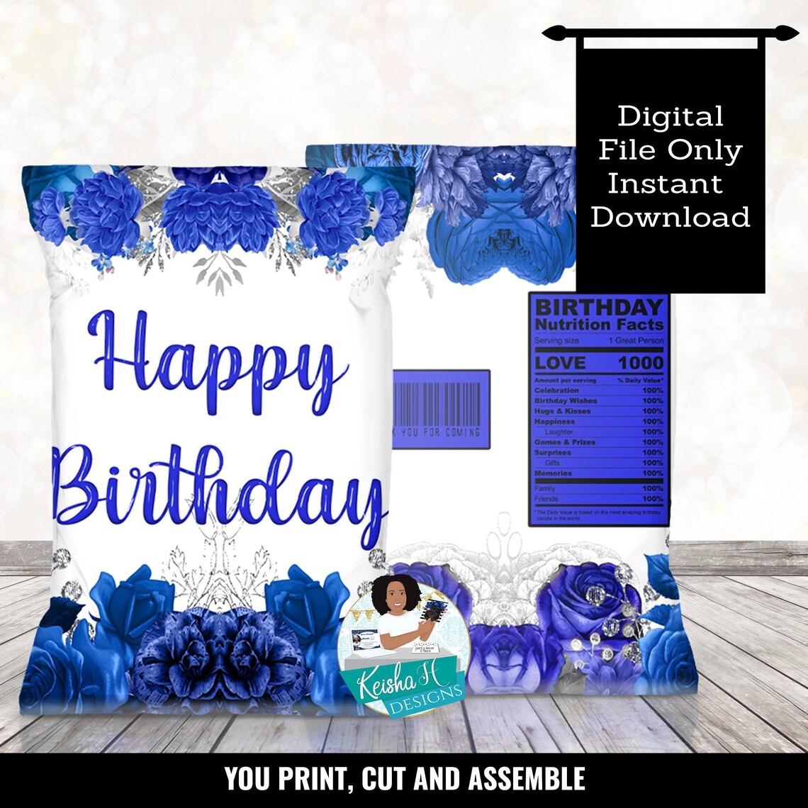 Royal Blue Floral Birthday Chip Bag Printable Flowers Holiday - Etsy