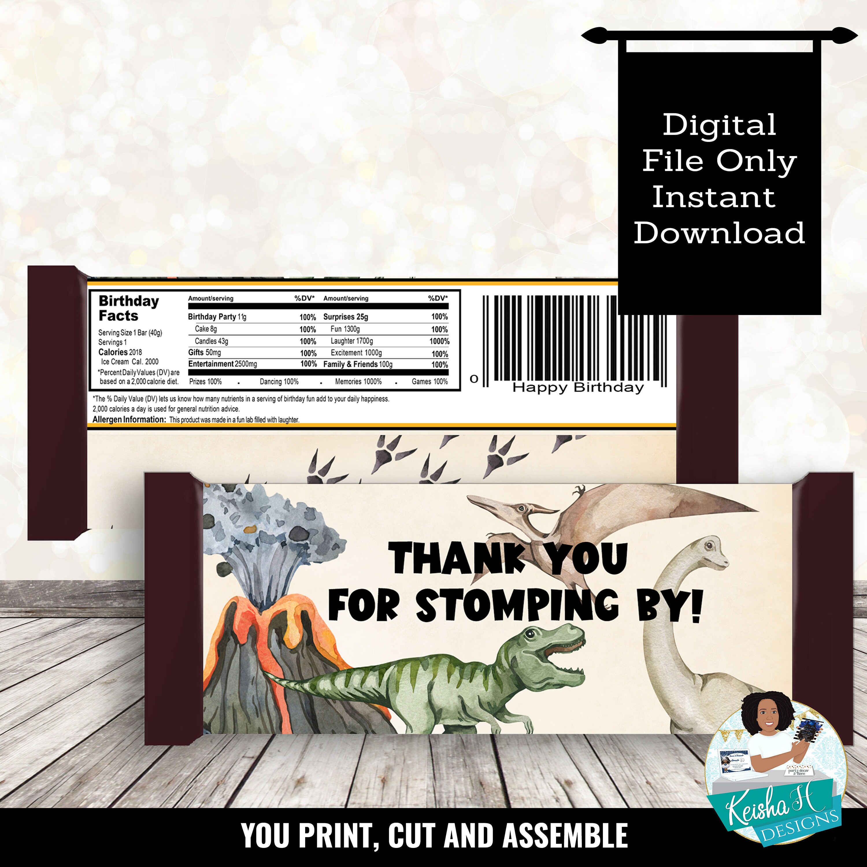 Jurassic Dinosaur Volcano Happy Birthday Thank You Candy Wrapper Label ...