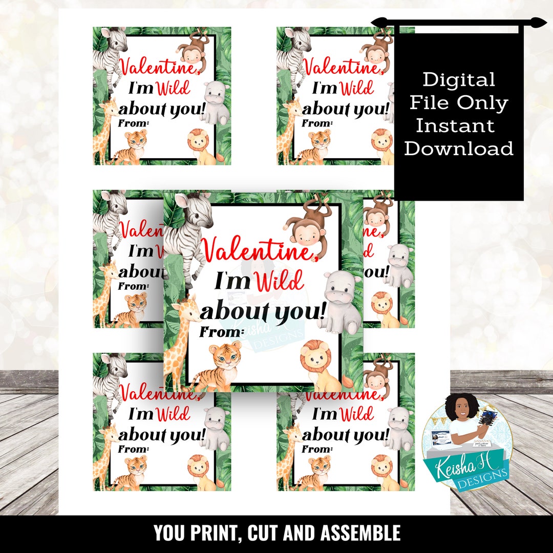 Safari Animals Square Wild About You Valentine Favor Tags, Jungle ...