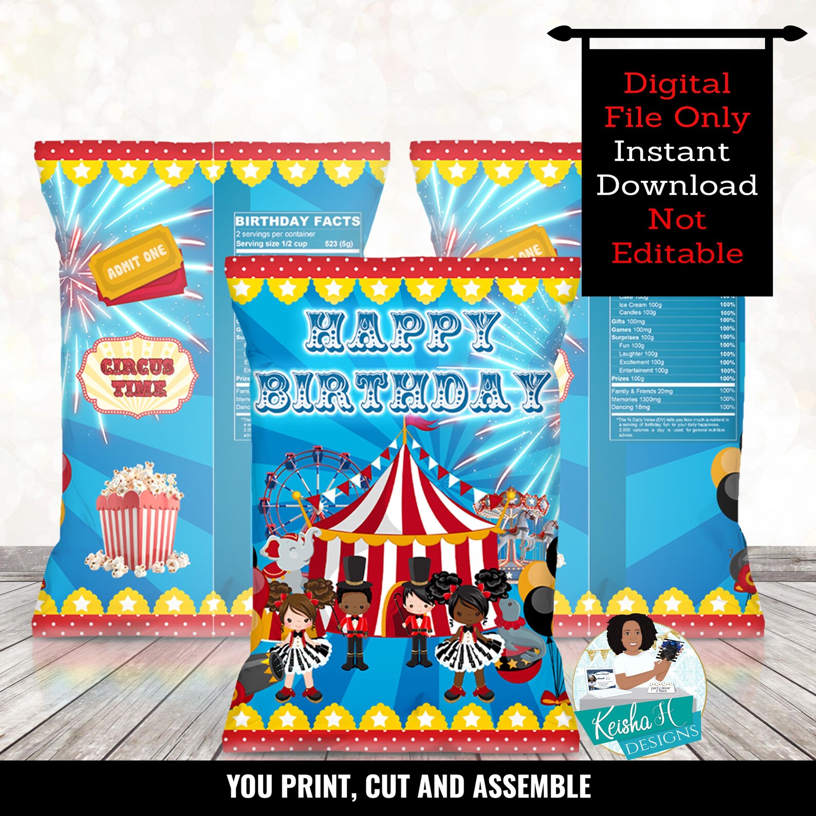 Circus Birthday Party Chip Bag, Printable Favor Wrapper (digital ...