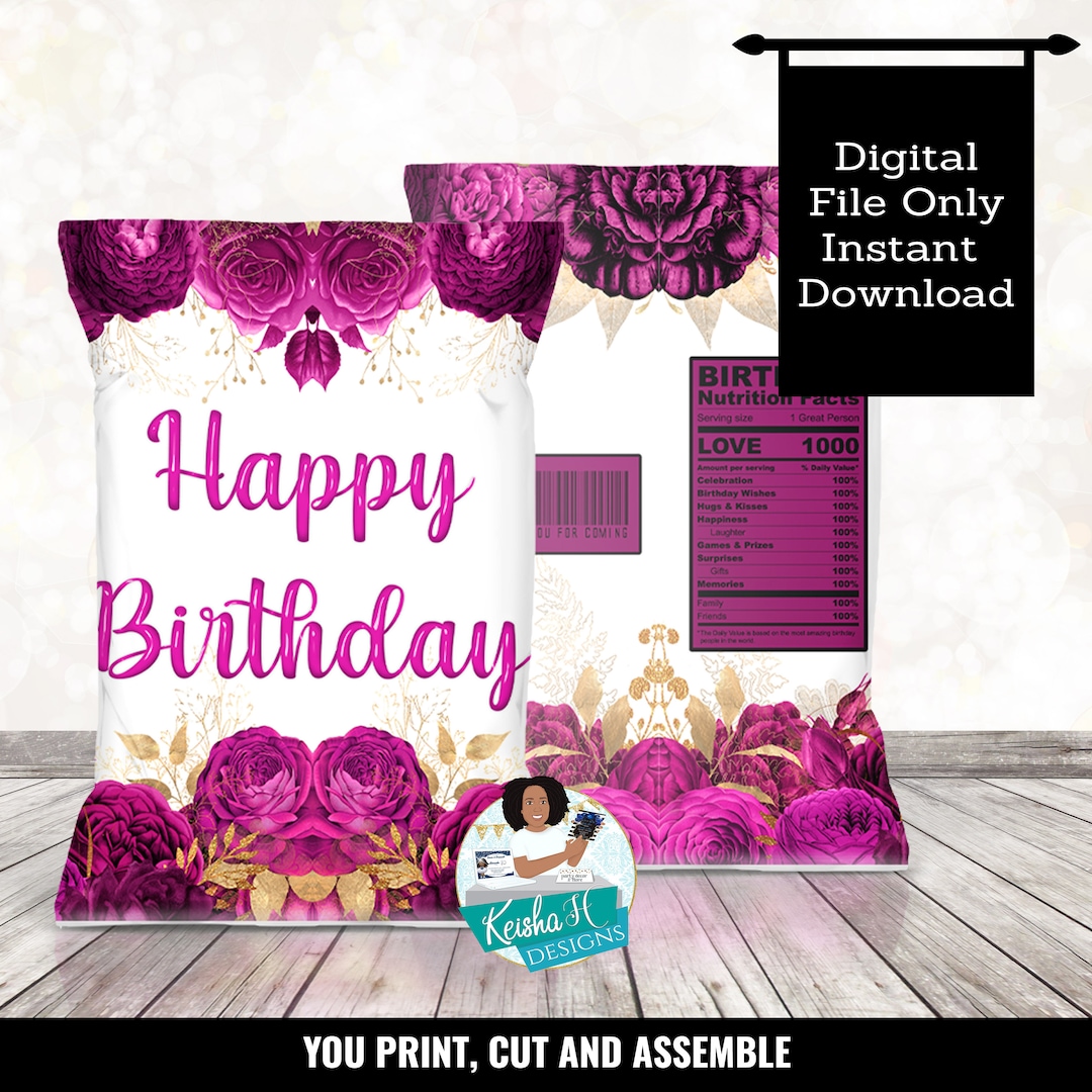 Hot Pink and Gold Flowers Floral Birthday Chip Bag Printable, Flowers ...