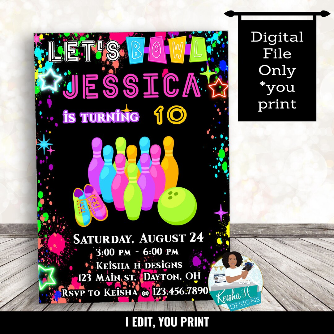 Cosmic Bowling Neon Glow Birthday Party Invitation, Light up Bowling ...