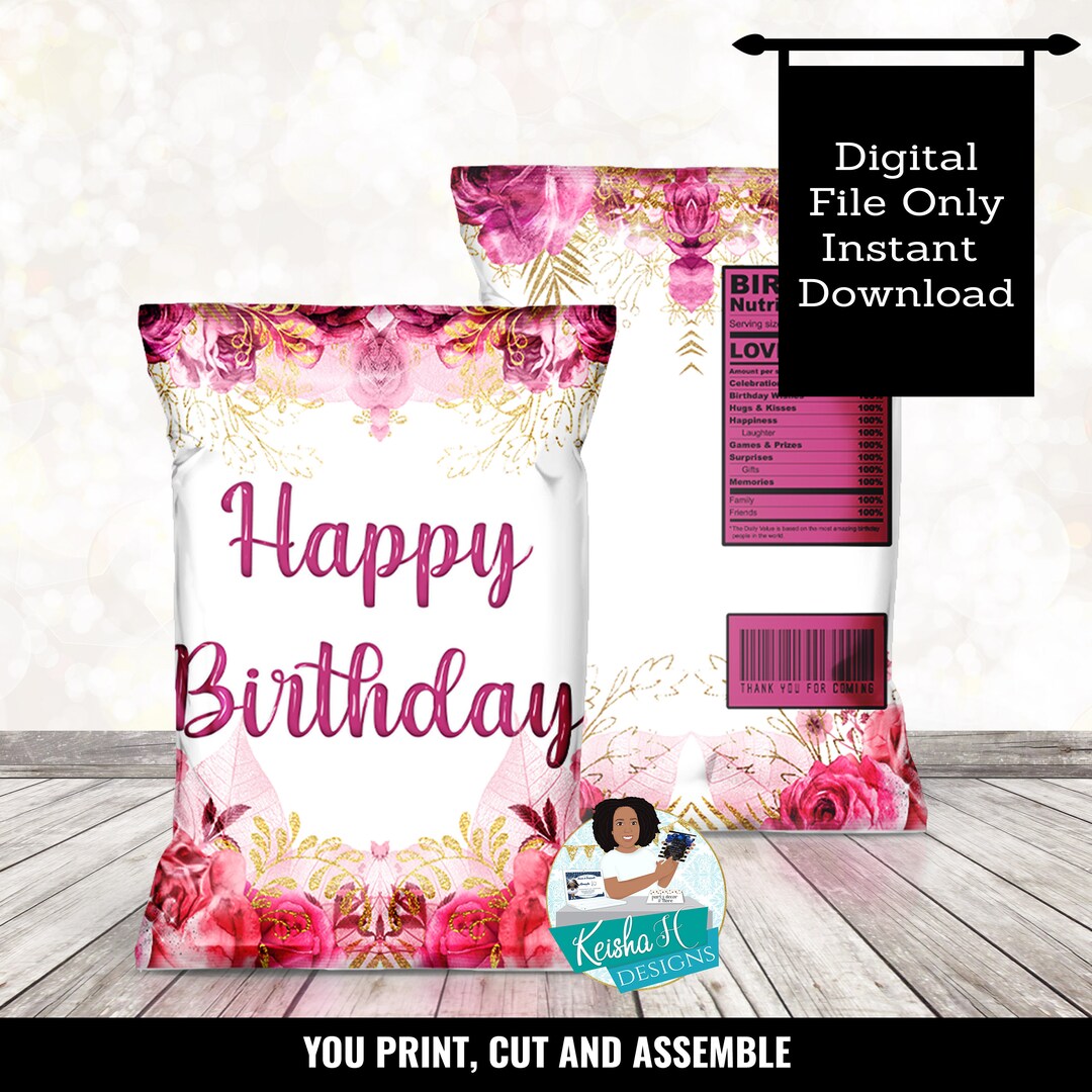 Pink and Gold Flowers Floral Birthday Chip Bag Printable, Flowers Gold ...