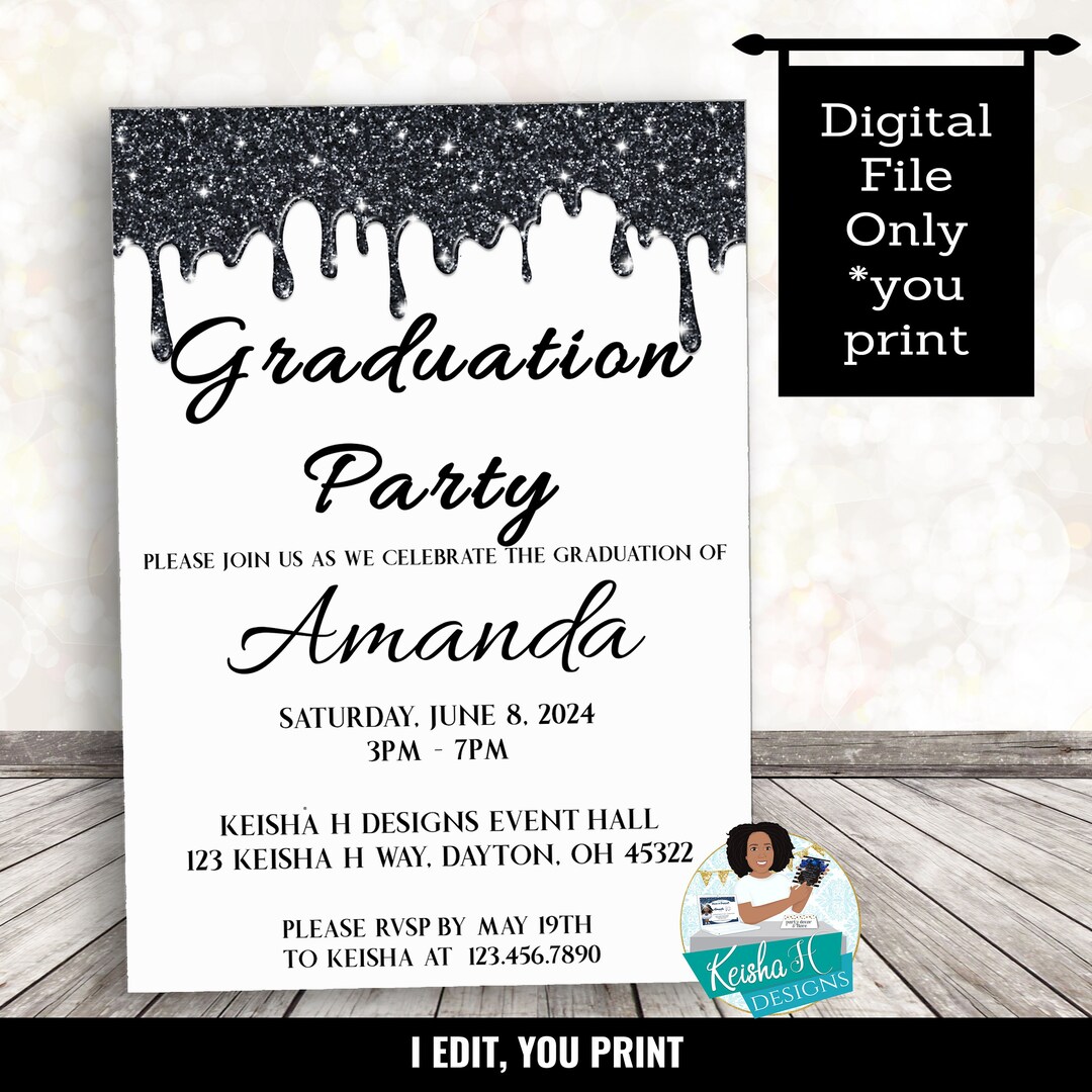 Black Drip Graduation Announcement Party Invitation, High School ...