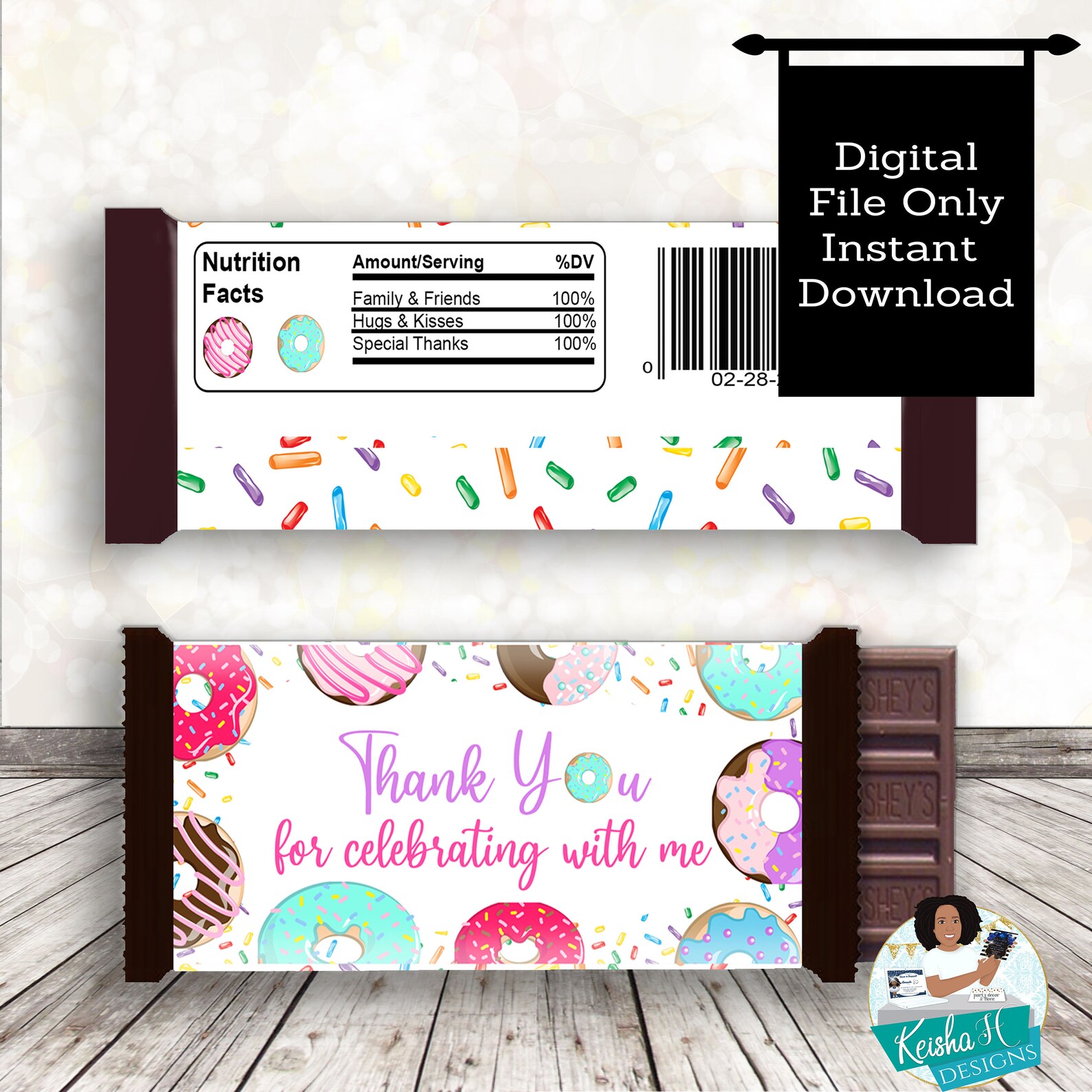 Donut Birthday Full Size Chocolate Candy Bar Wrapper, Donut Party Favor ...