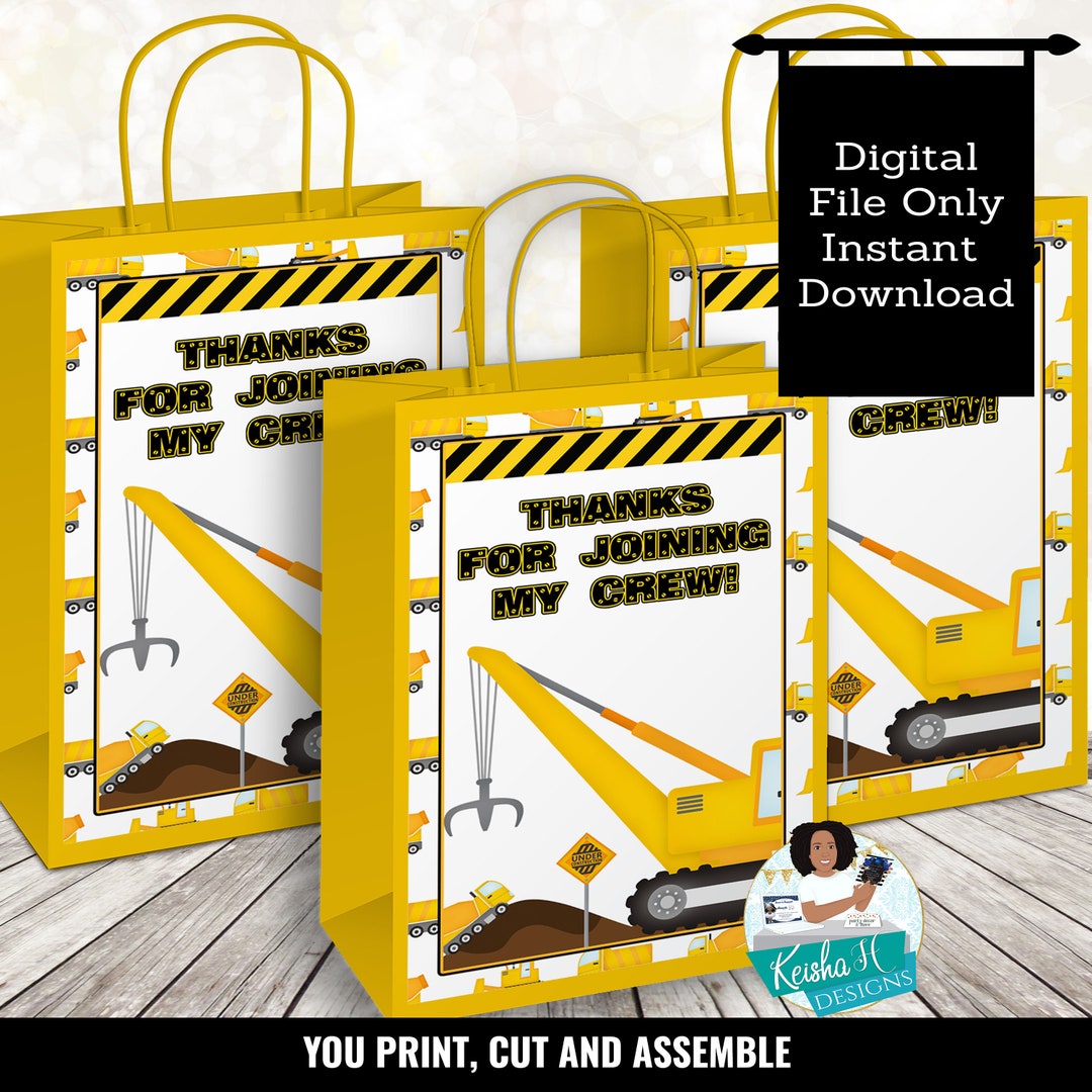 Construction Birthday Crane Gift Bag Label Party Favor Box Printable ...