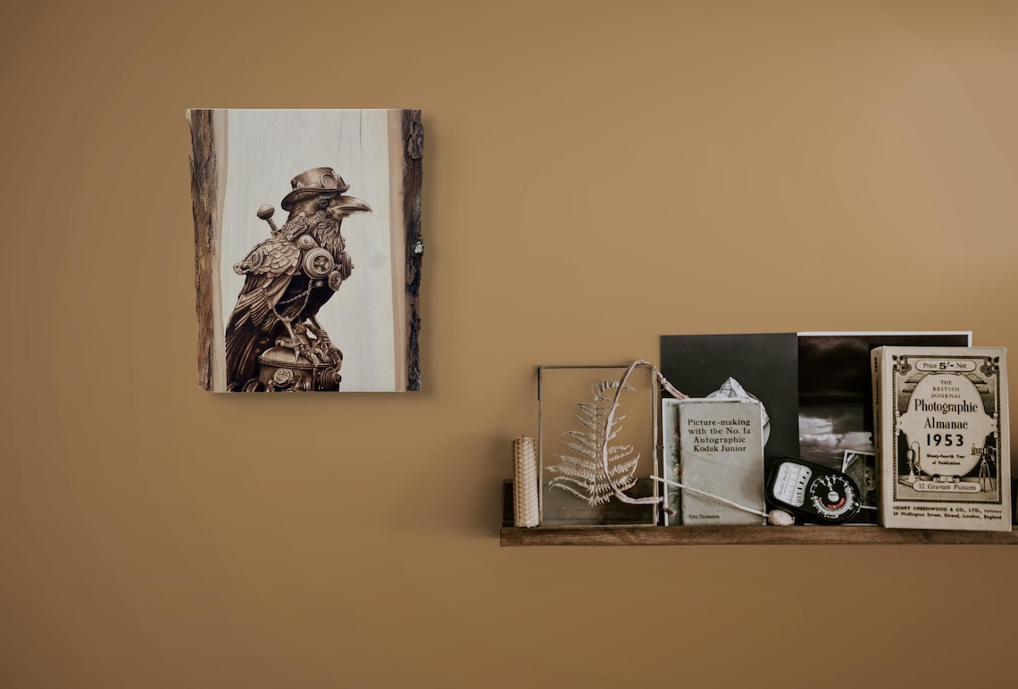 Steampunk Raven Wood Burning – Unique Pyrography Art on Natural Wood ...