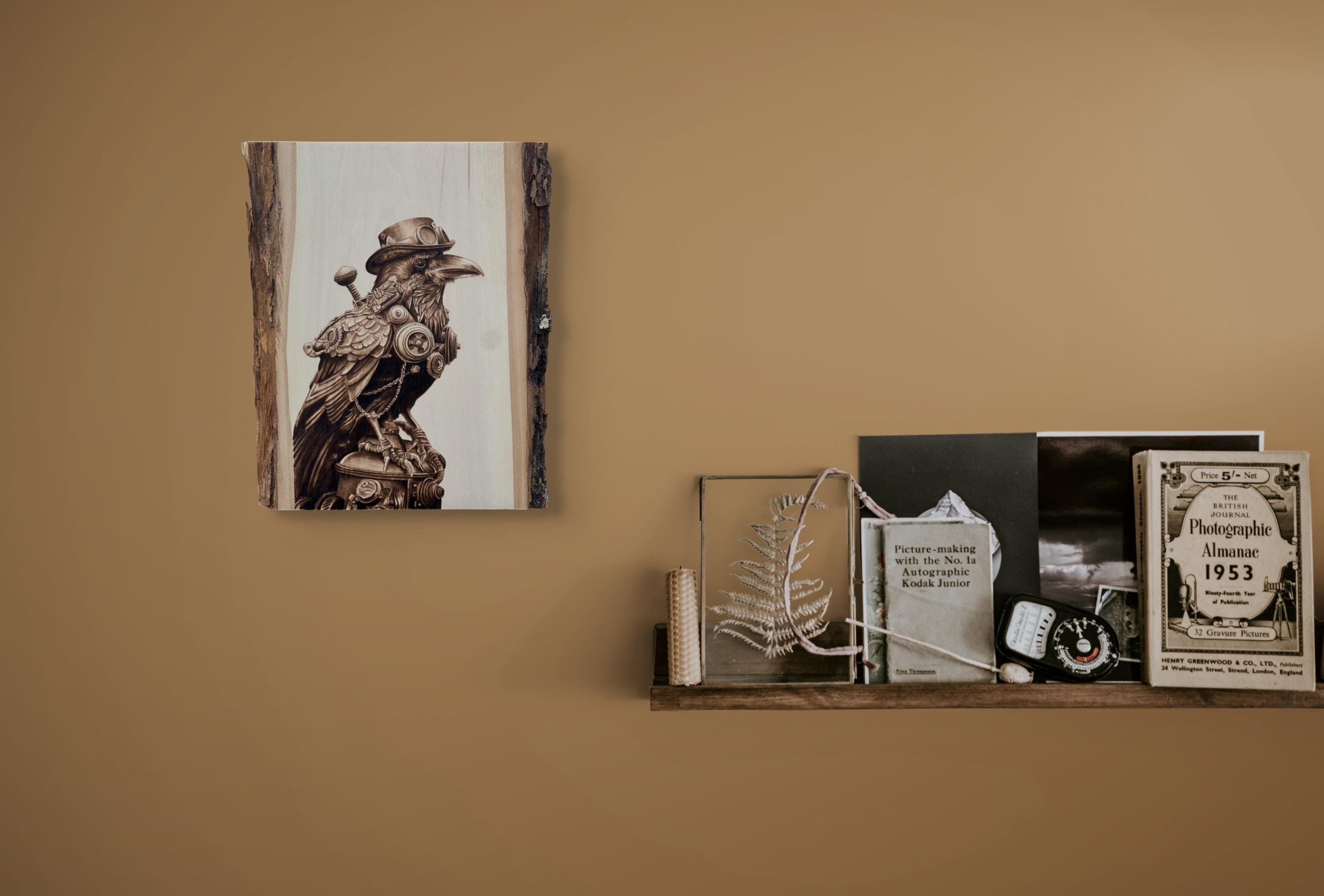 Steampunk Raven Wood Burning – Unique Pyrography Art on Natural Wood ...