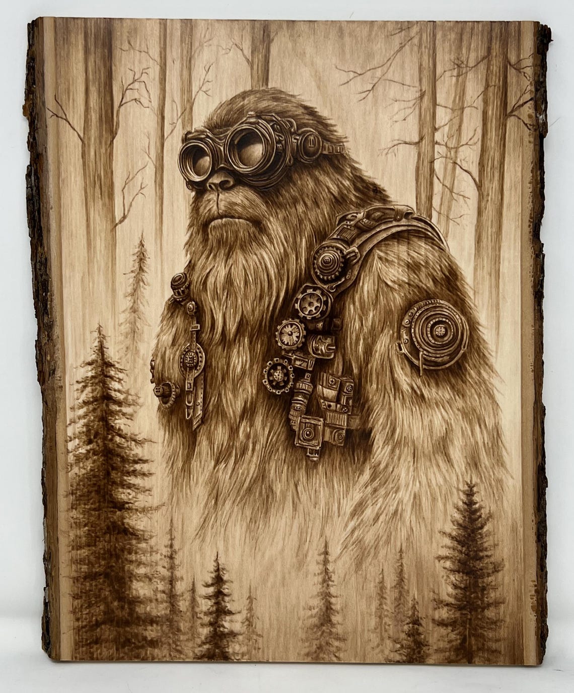 Steampunk Sasquatch Wood Burning – Handmade Pyrography Art on Live Edge ...