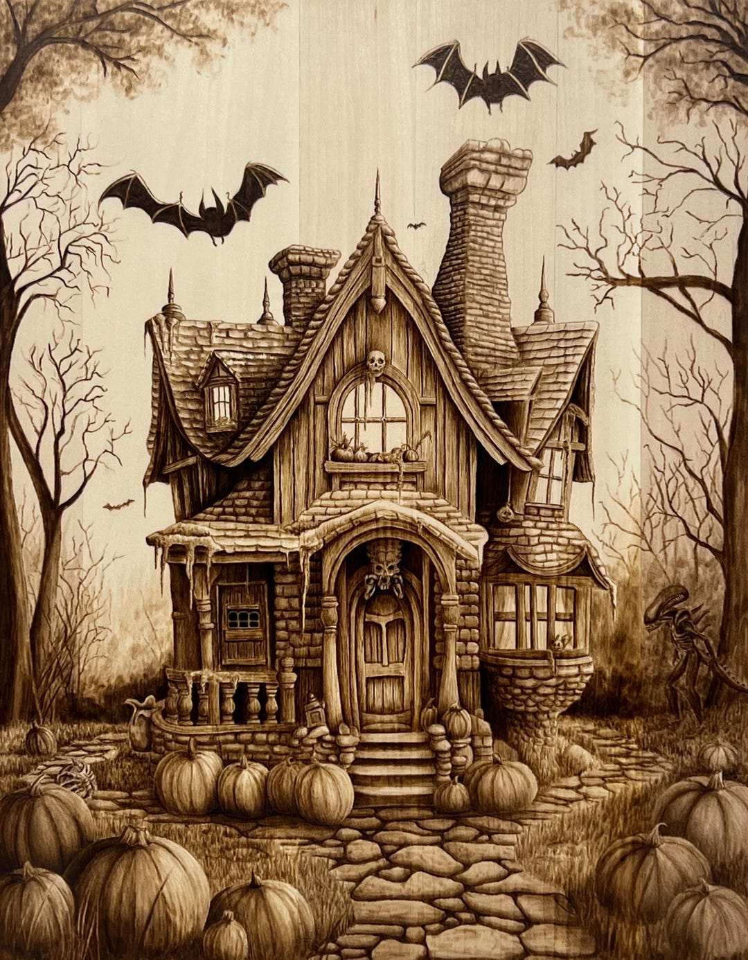 Haunted House Wood Burning Spooky Pyrography Art With Pumpkins and Bats ...