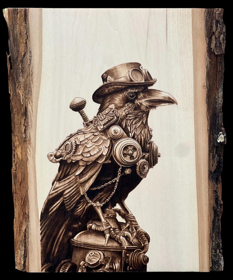 Steampunk Raven Wood Burning – Unique Pyrography Art on Natural Wood ...