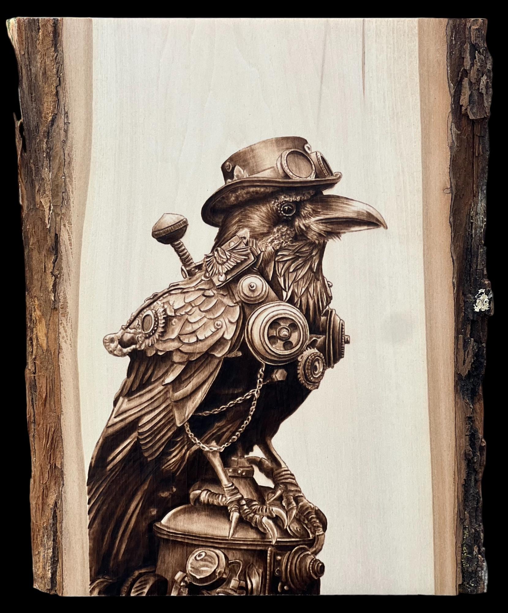 Steampunk Raven Wood Burning – Unique Pyrography Art on Natural Wood ...