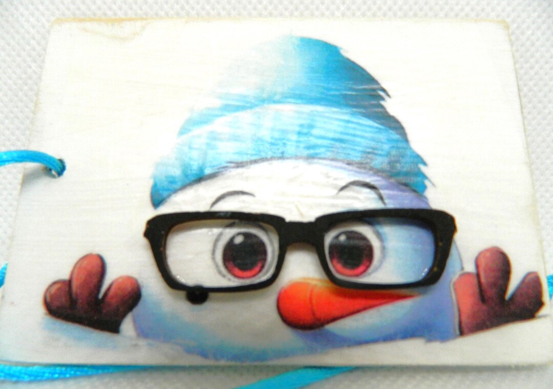 Peeking Snowman With Glasses Decoupage Rice Paper Wood Gift Tag ...
