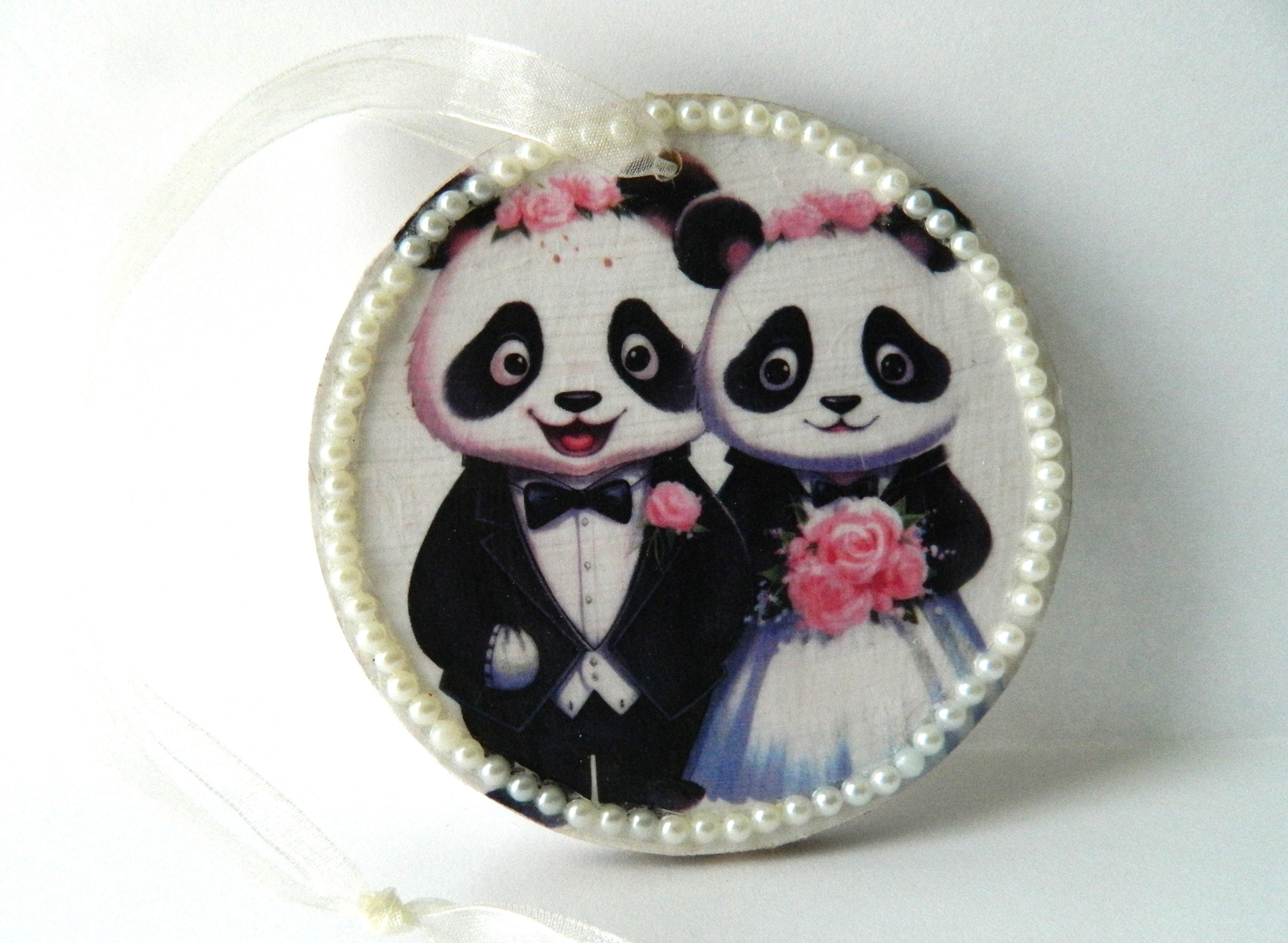 Panda Bear Wedding Bells Decoupage Rice Paper Wood Gift Tag - Etsy