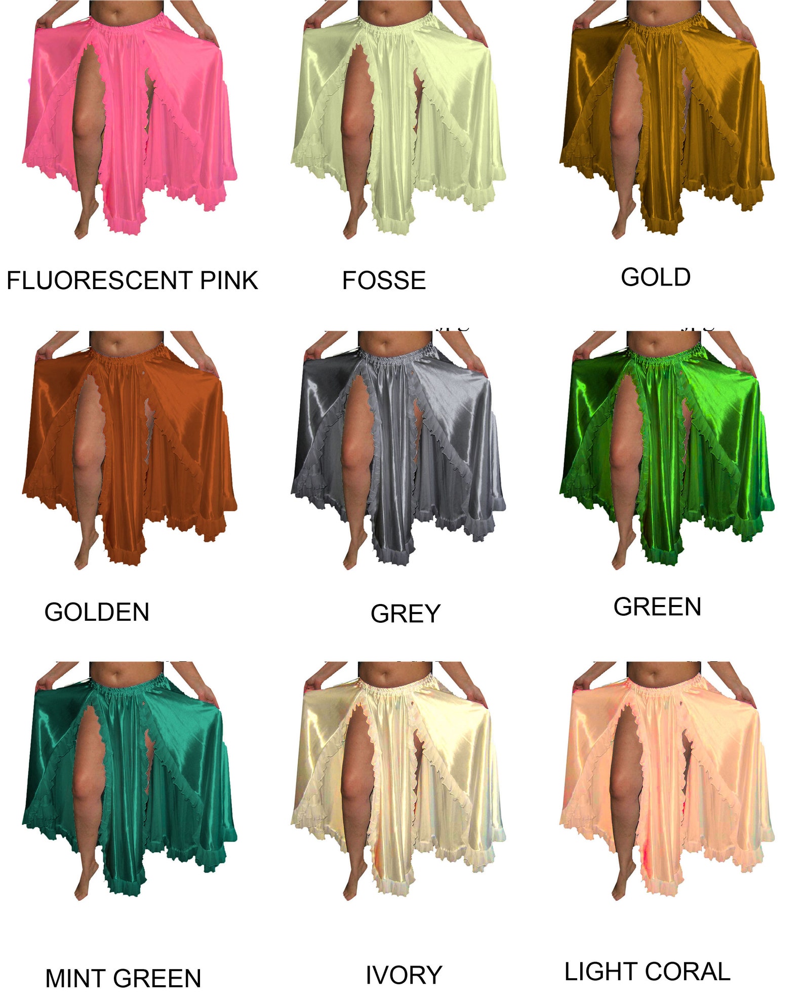 Satin 2 Side Slit Belly Dance Full Circle Tribal Style Skirt Frill ...